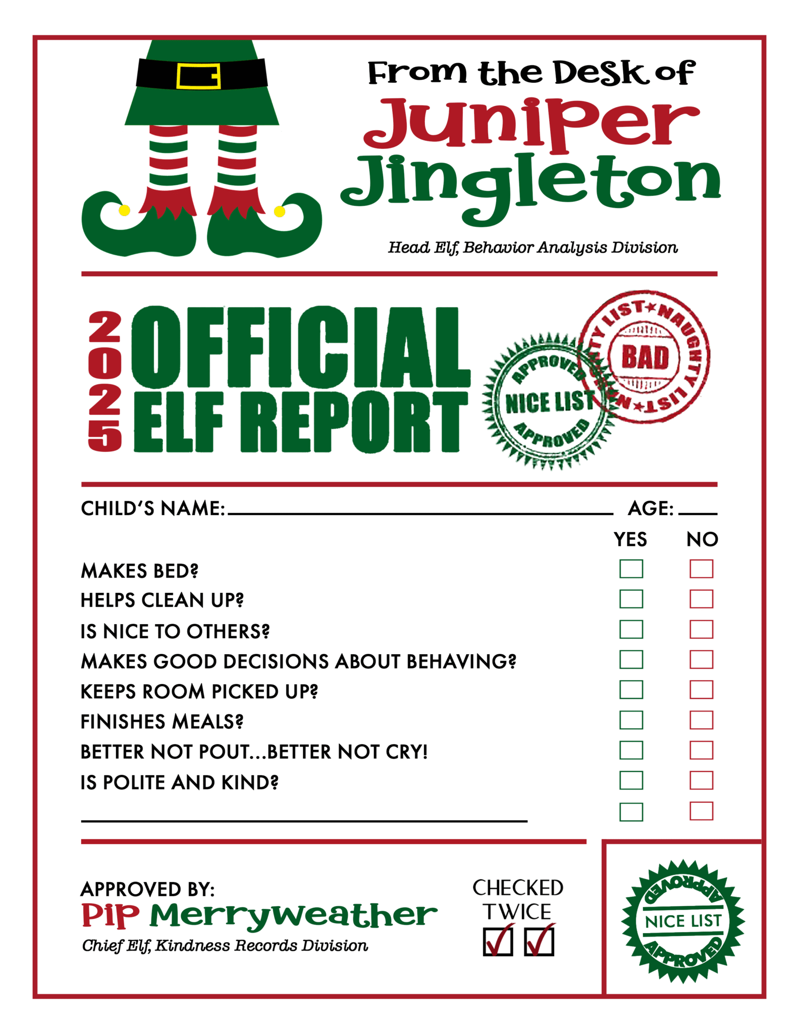 Elf Report Card Free Printable